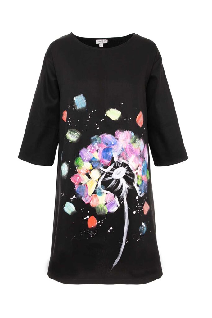 Rochie neagră evazată pictată manual păpădie abstract “Tia” ⋆ AnTanTe ...