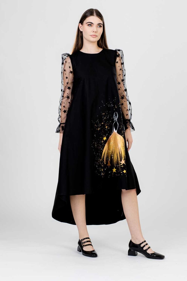Rochie neagră trenă mâneci tull „Gold star” ⋆ AnTanTe Design
