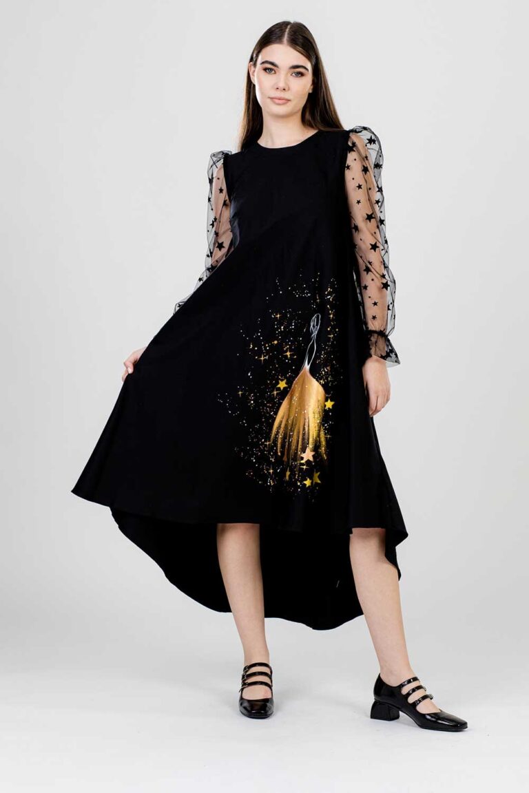 Rochie neagră trenă mâneci tull „Gold star” ⋆ AnTanTe Design