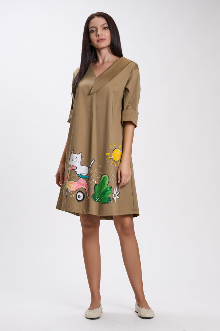 Rochie bej guler asimetric pictata manual pisica “Marilla” ⋆ AnTanTe Design